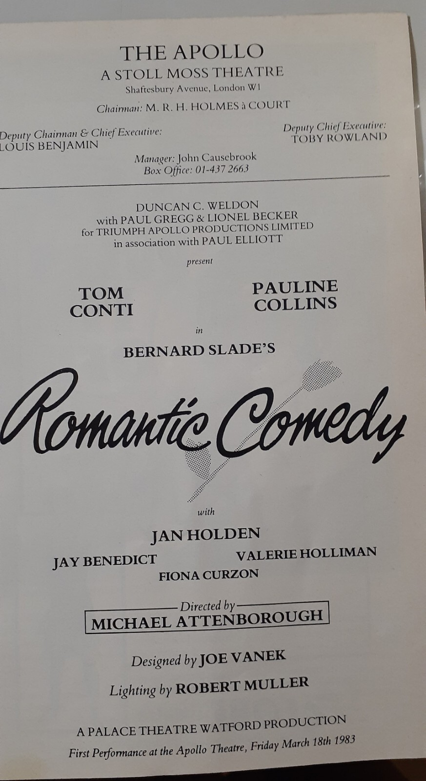 Slade's ROMANTIC Comedy Original the APOLLO Theatre Programme July 1983 ...