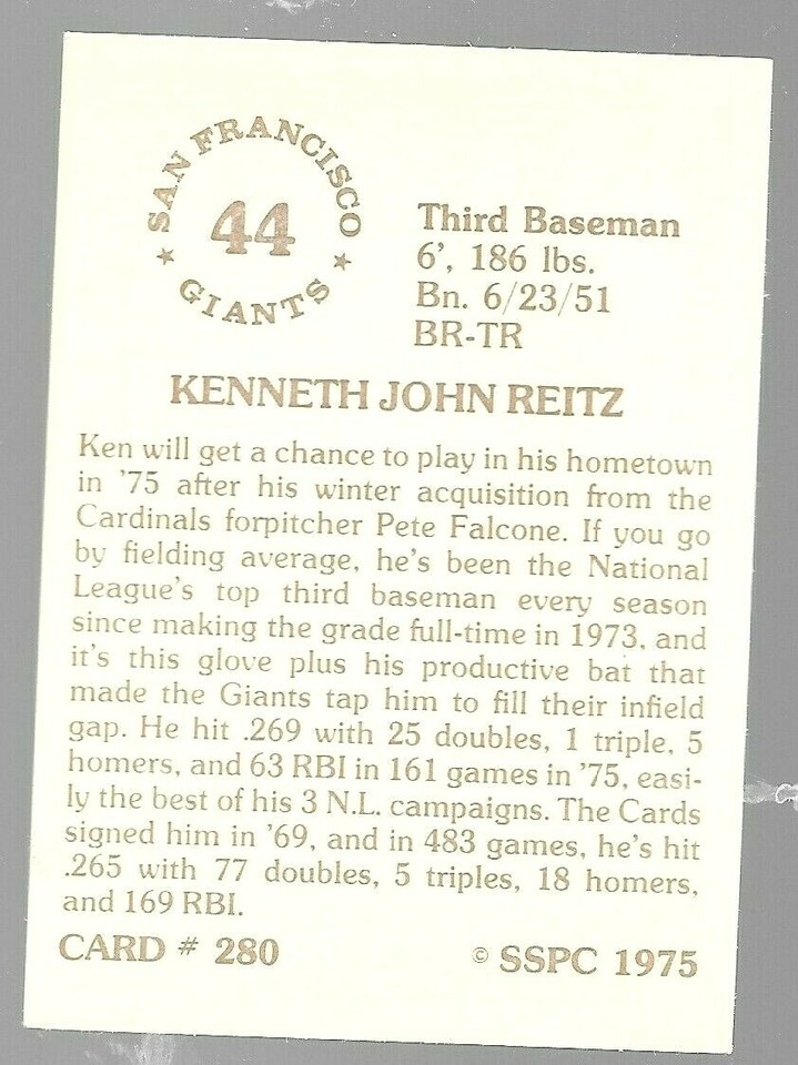 1976 SSPC Ken Reitz 280 San Francisco Giants Baseball Card | eBay