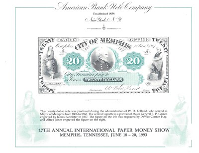 1993 International Paper Money Show Memphis, TN $20 ABNC Souvenir Card ...