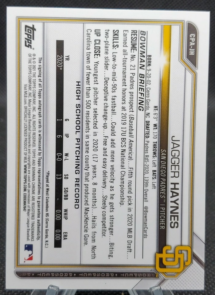 2021 Bowman Chrome JAGGER HAYNES 1st Bowman Auto CPA-JH PADRES | eBay