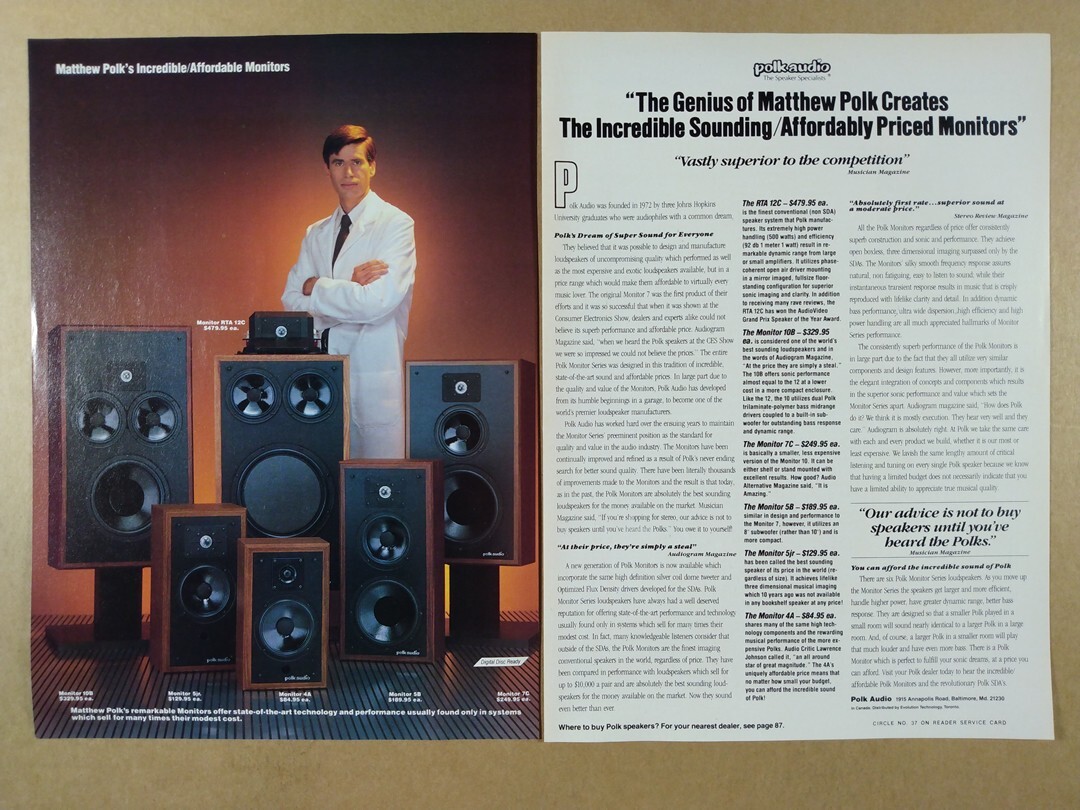 1986 Polk Monitor RTA 12C 10B 5jr 4A 5B 7C Speakers vintage print Ad | eBay