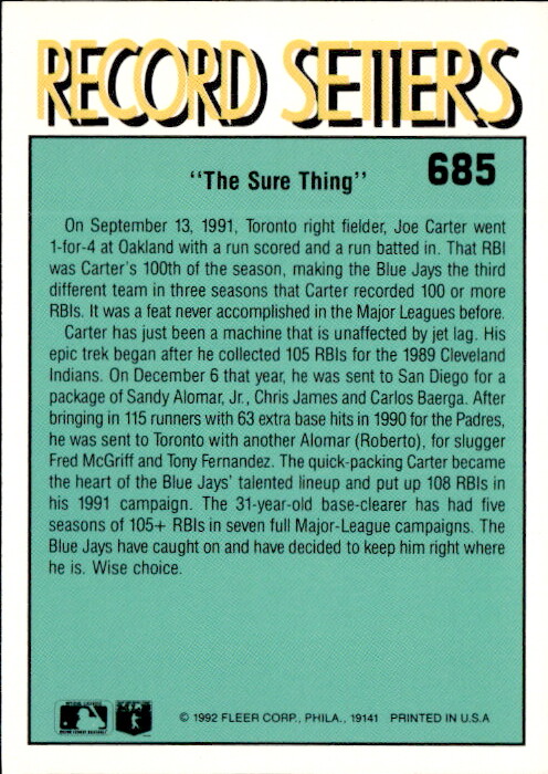 1992 Fleer Record Setters Joe Carter 685 Blue Jays | eBay
