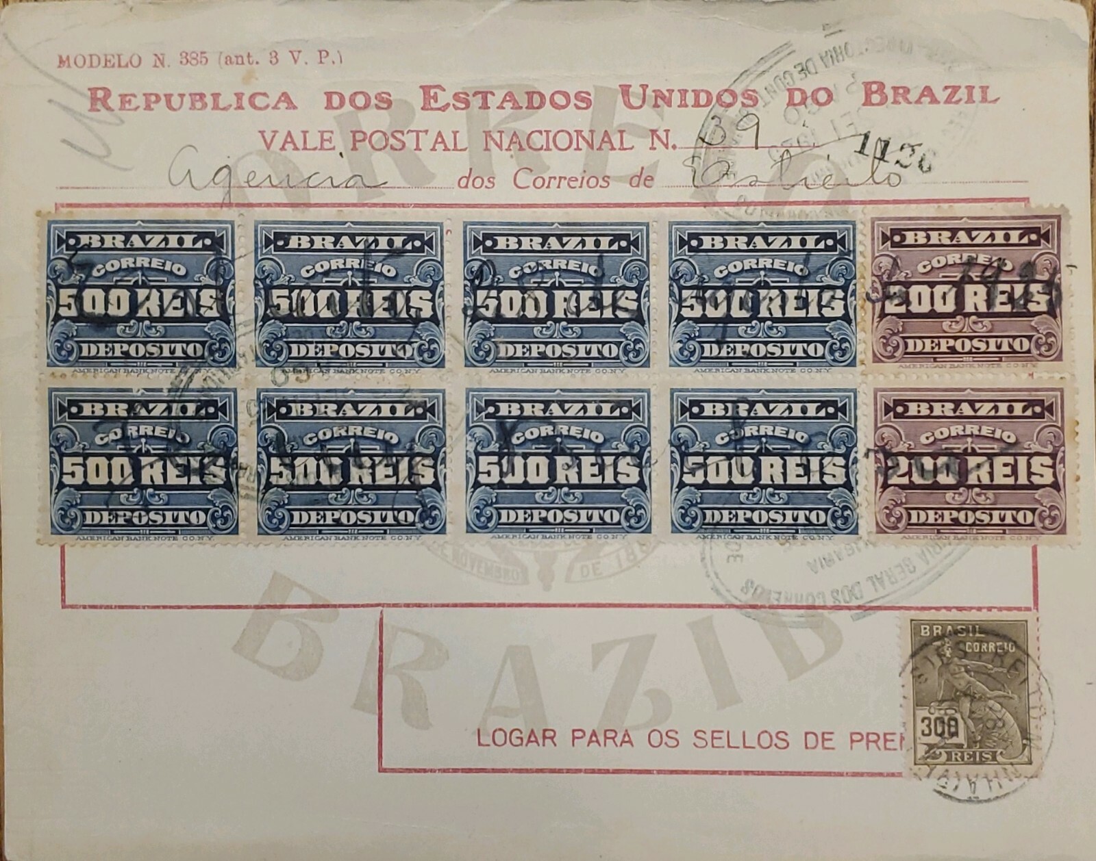 A) 1925, BRAZIL, NATIONAL POSTCARD, REVENUE STAMPS, WITH STAMPS ...