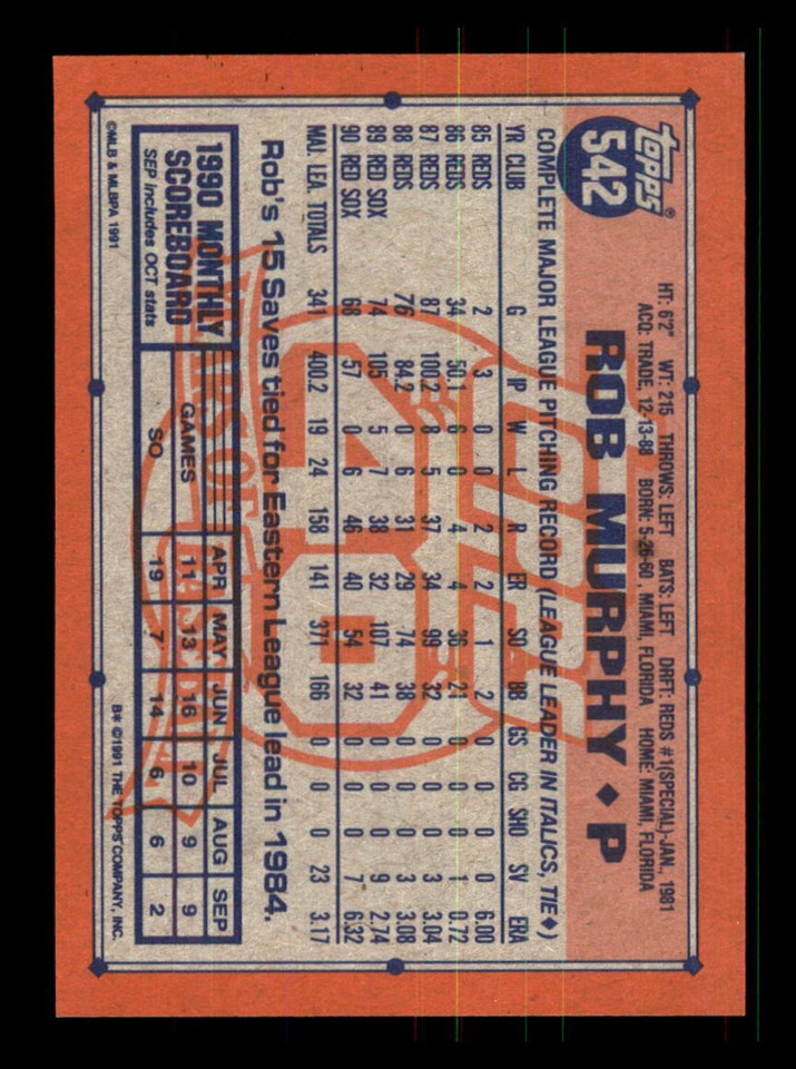 1991 Baseball Topps Rob Murphy Boston Red Sox #542 | eBay