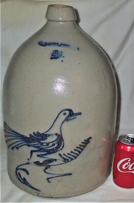 ANTIQUE PRIMITIVE USA STONEWARE BLUE BIRD CROCK WHITES UTICA N.Y. SALT ...