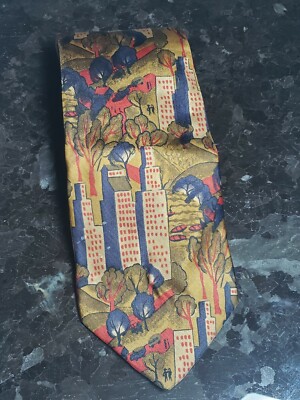 Roderick St. Johns mens Tie silk city trees red blue browns | eBay