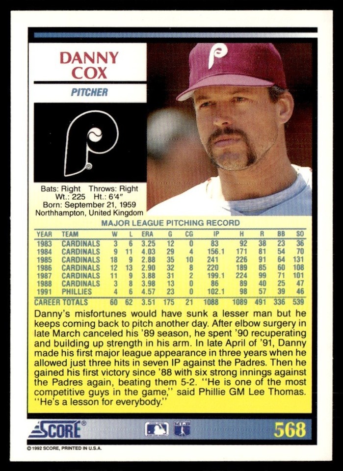 1992 Score Danny Cox Philadelphia Phillies #568 | eBay