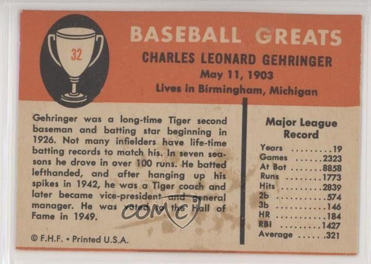 1961 Fleer Baseball Greats Charlie Gehringer #32 HOF s7f | eBay