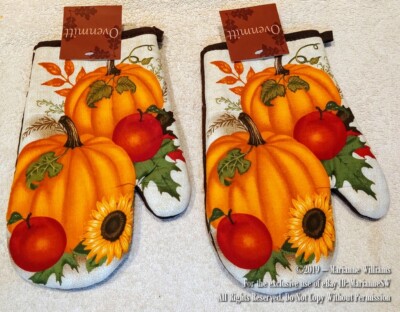 2 NEW FALL HARVEST THANKSGIVING KITCHEN OVEN MITTS PUMPKINS SUNFLOWERS ...