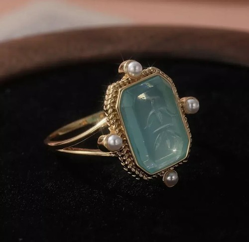 Museum Edwardian Intaglio Ring Size 7 Green Pearl Gold Cameo Flower Aqua Blue | eBay