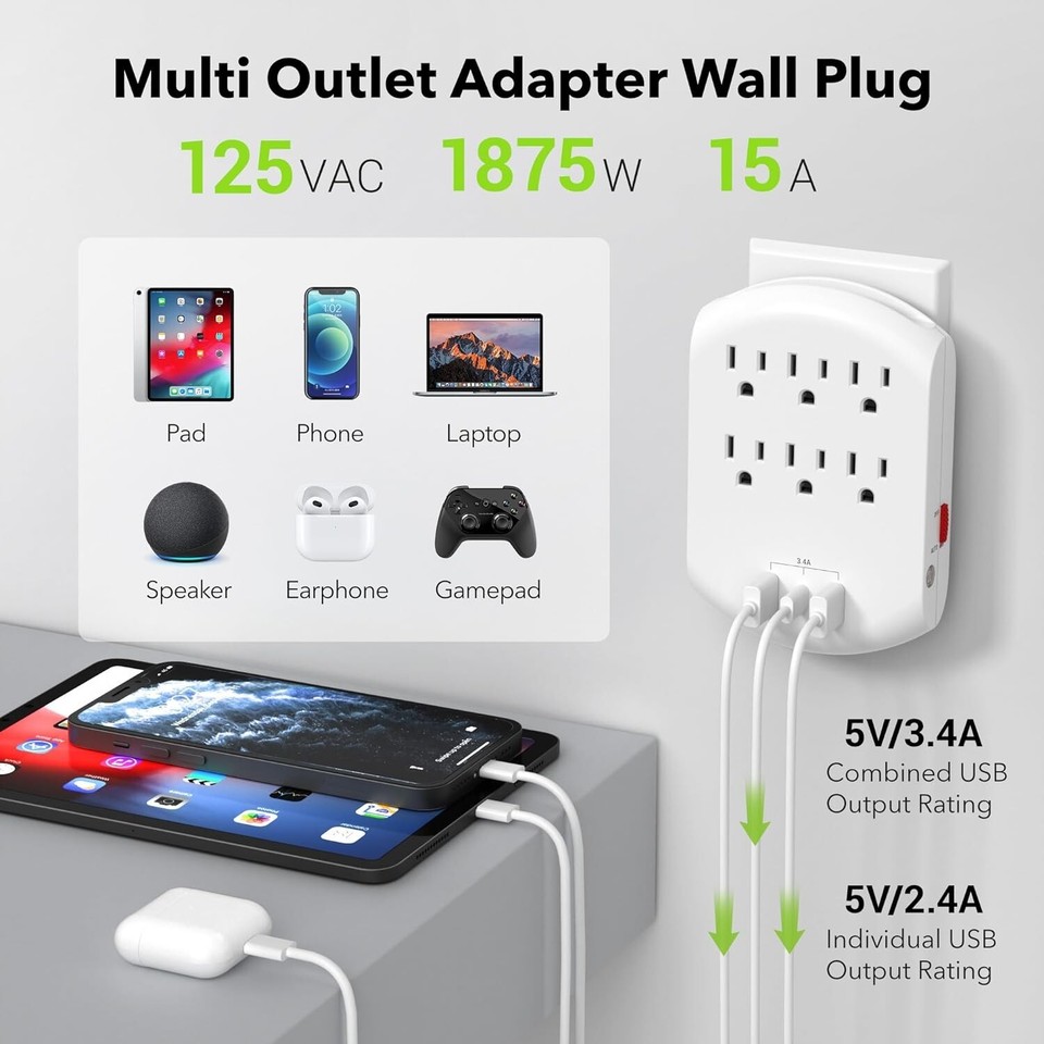 BN-LINK Multi Plug Outlet, USB Wall Charger with 6 Outlets, 3 USB ...