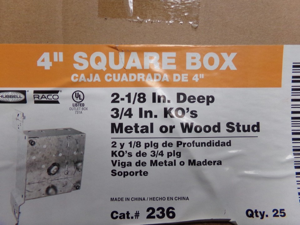 RACO Cat 236 4" Square Box 2-1/8" Deep, 3/4" Knockouts for wood metal ...