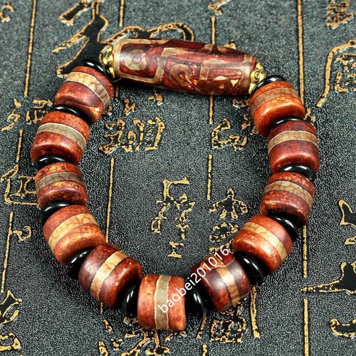 Energy Tibetan Old Agate Heaven&Earth Symbols Totem dZi Bead Bracelet ...