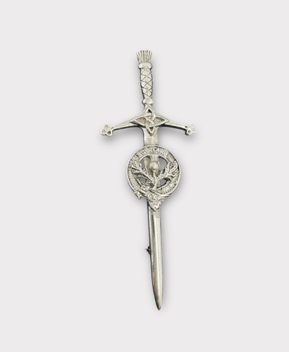 Scottish Kilt Pin Thistle Brooch, Signed Scotland Silvertone Sword Clan ...