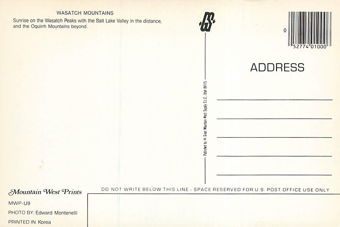 Postcard Scenic View of Wasatch Mountains Utah, UT | eBay