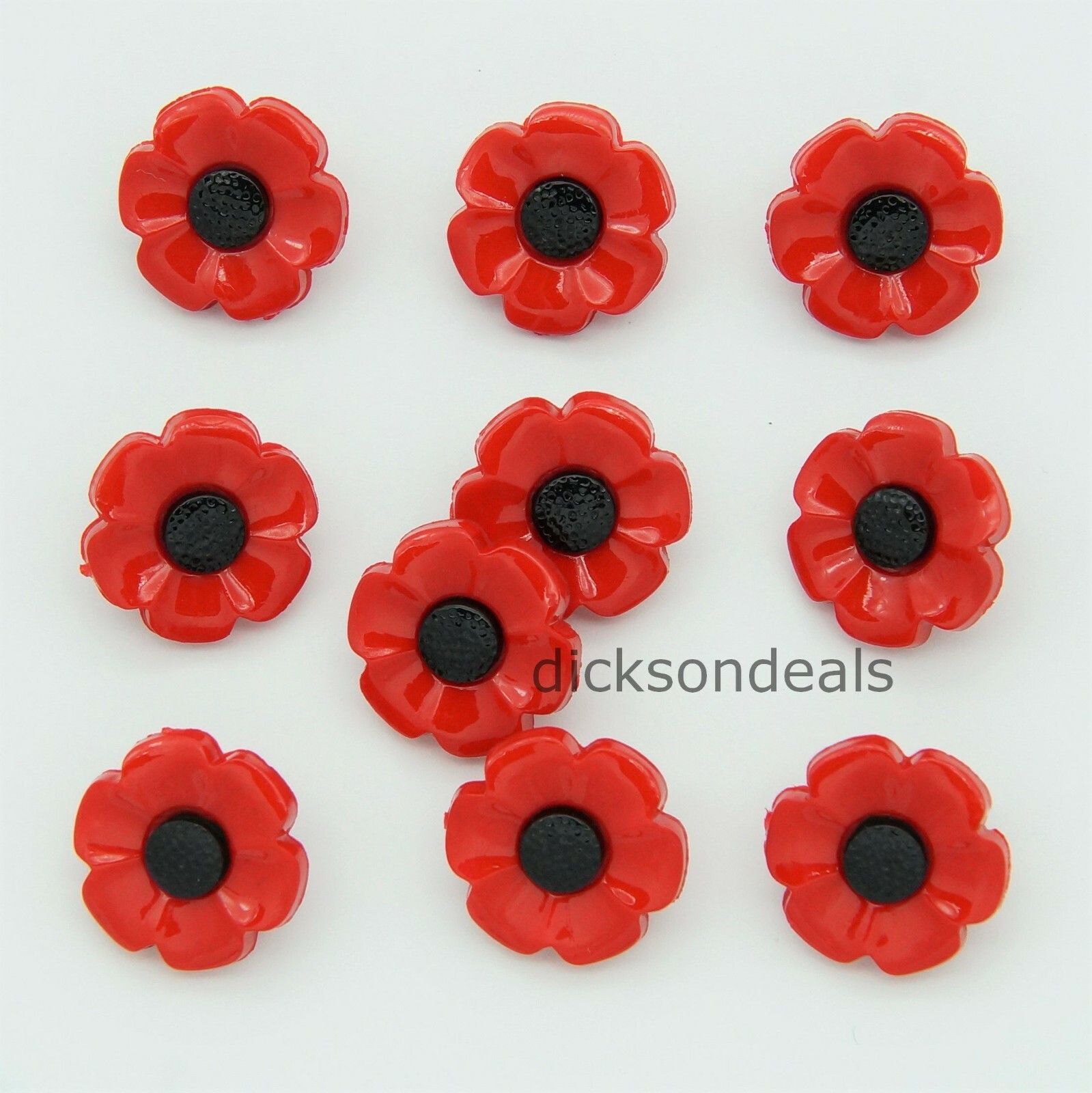 10 Poppy Flower Buttons Red & Black centre, 18mm or 22mm Shank Back for ...