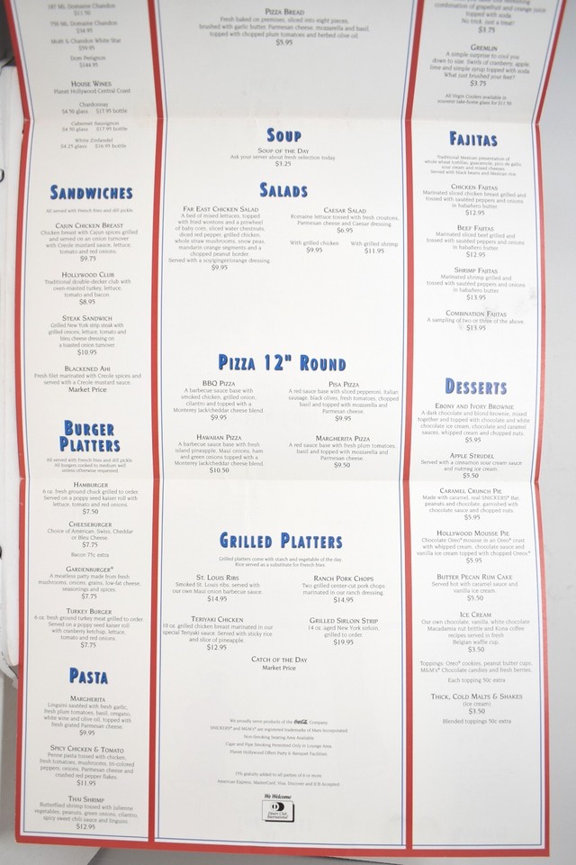 1995 Planet Hollywood Restaurant Menu 744 Front Street Lahaina Maui ...
