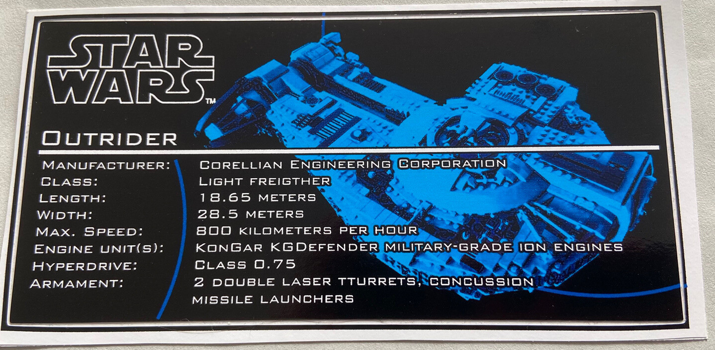 Star Wars UCS Style Sticker MOC Dash Rendar's Outrider YT-2400 light ...