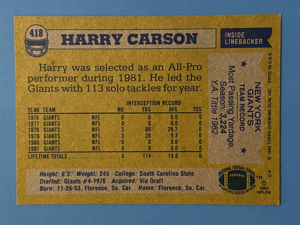 HARRY CARSON Signed HOF 1982 Topps #418 Giants SC State Bulldogs ...