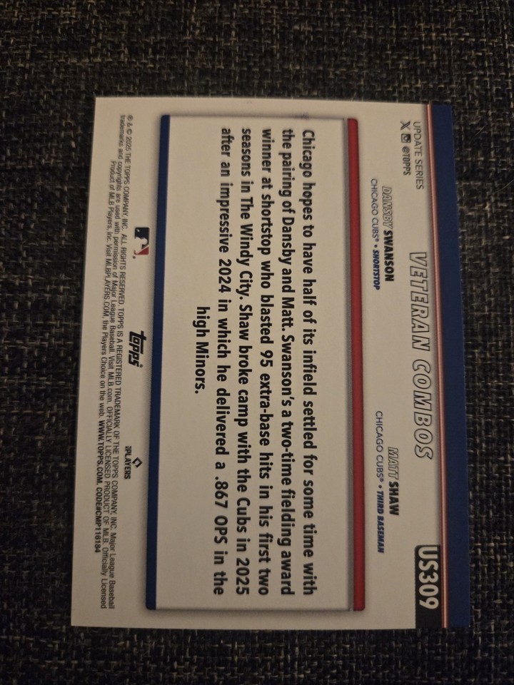 2025 Topps Update #US309 Pink Foil Swanson Shaw Chicago Cubs Veteran ...