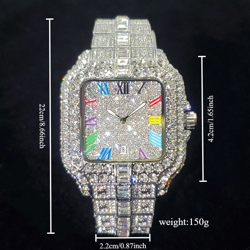 Hip Hop Luxury Ice out Men's Watch Iced Bling VVS Silver Square Diamond ...