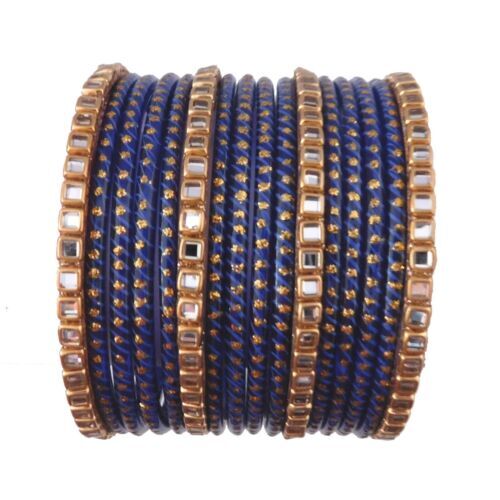 Indian Style 16 Pieces Blue Colour Golden Pattern Glass Bangle Women ...
