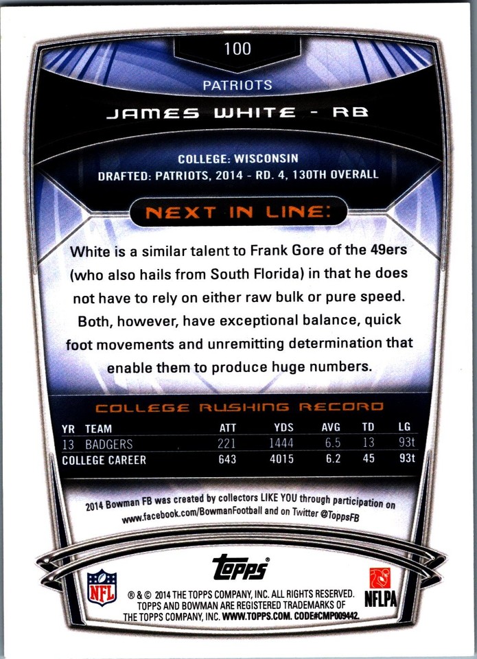 James White 2014 Bowman Rookies #100 New England Patriots RC | eBay
