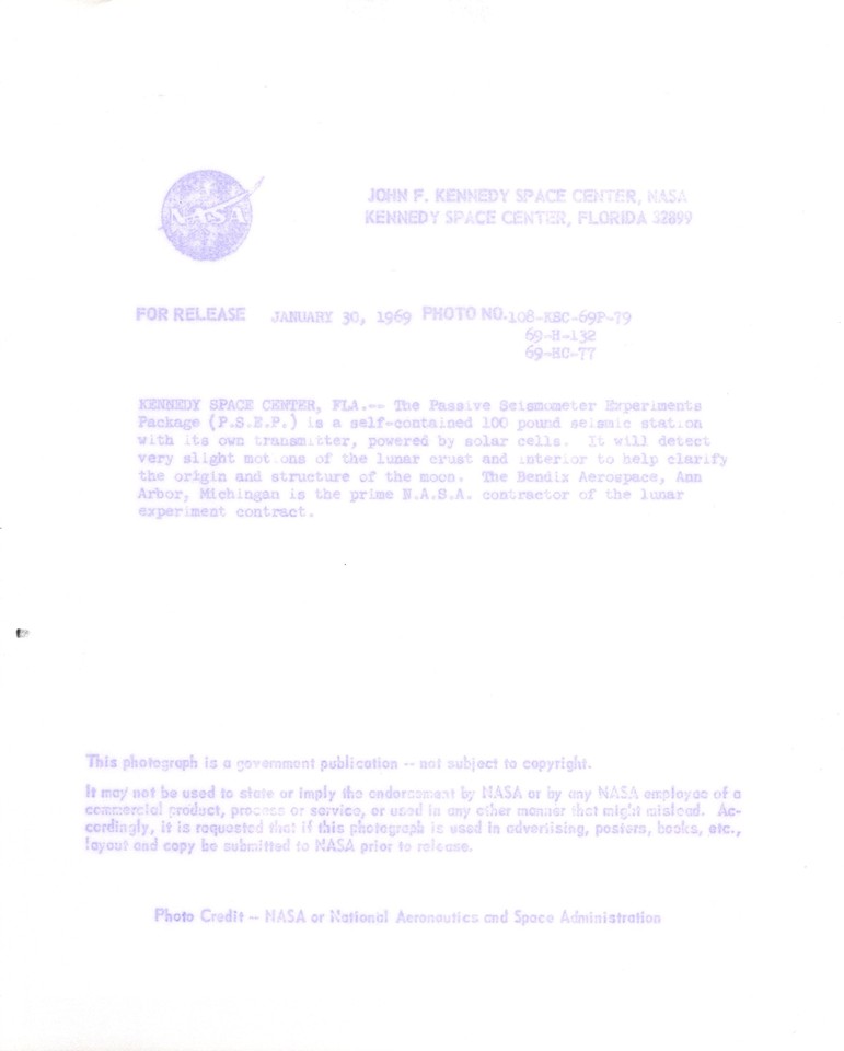 Apollo 11 Lunar Module Experiment 1969 Seismometer - Original NASA ...