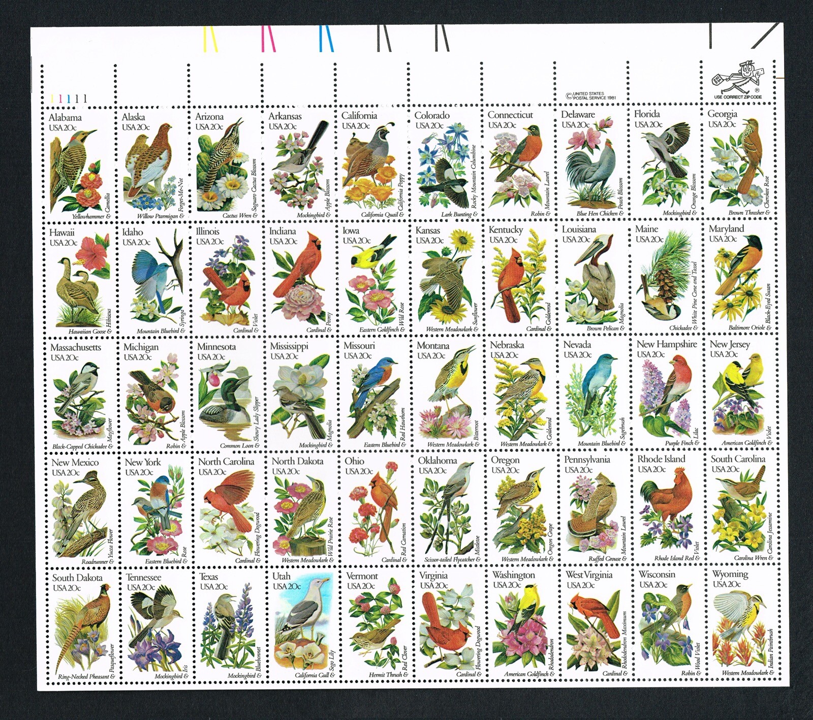 OddLots:™ 885-2002 • Scott #2002Ac, 20¢ State Birds & Flowers, Pane of ...