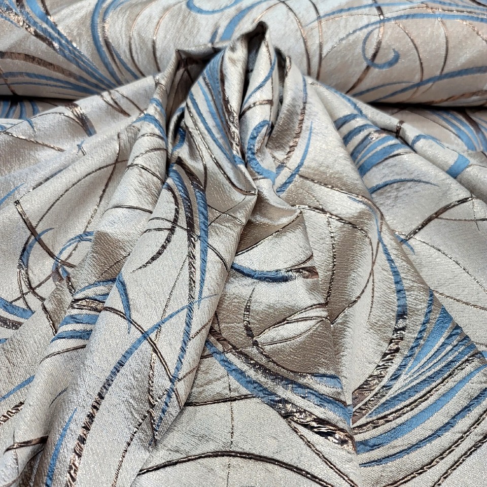 LIGHT BLUE Swirl Brocade Fabric (60 in.) Sold By The Yard GOLD METALLIC ...