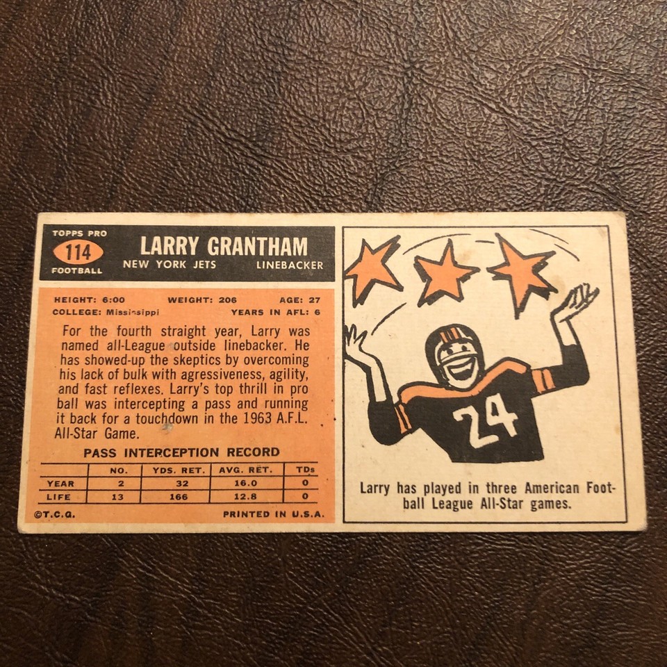 1965 TOPPS TALL BOY LARRY GRANTHAM #114 NEW YORK JETS FOOTBALL CARD A ...