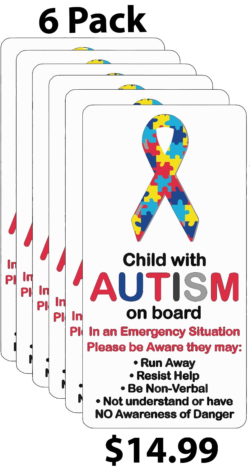 6 Pack Autistic Child On Board With Autism Safety Awareness Decal ...