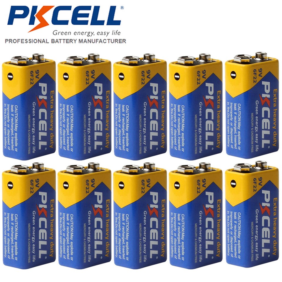 10pcs Zinc-Carbon 9 Volt Batteries 0% Mercury 9V Heavy Duty PP3 6F22 ...