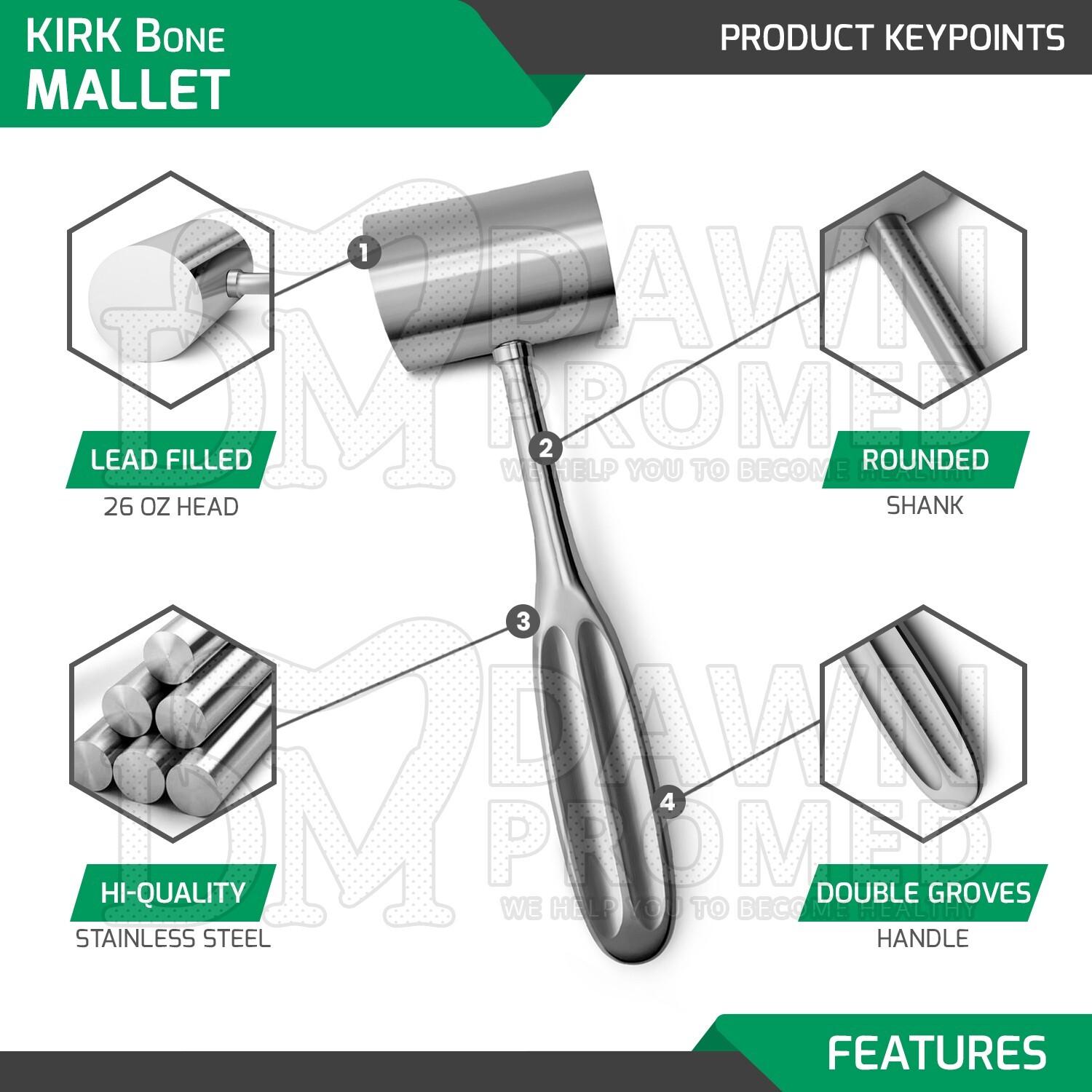 KIRK Bone Mallet 1.50" (3.8cm) DIA, 26 Oz, Length 7.5" Orthopedic Inst ...