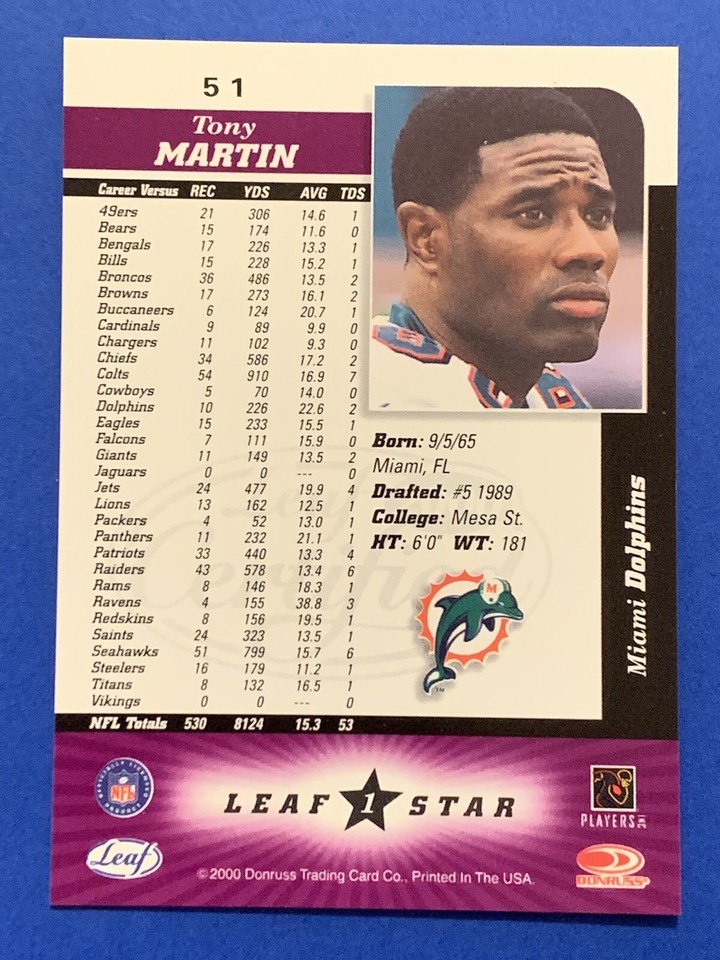 TONY MARTIN Signed 2000 Leaf #51 Miami Dolphins Falcons Chargers ...