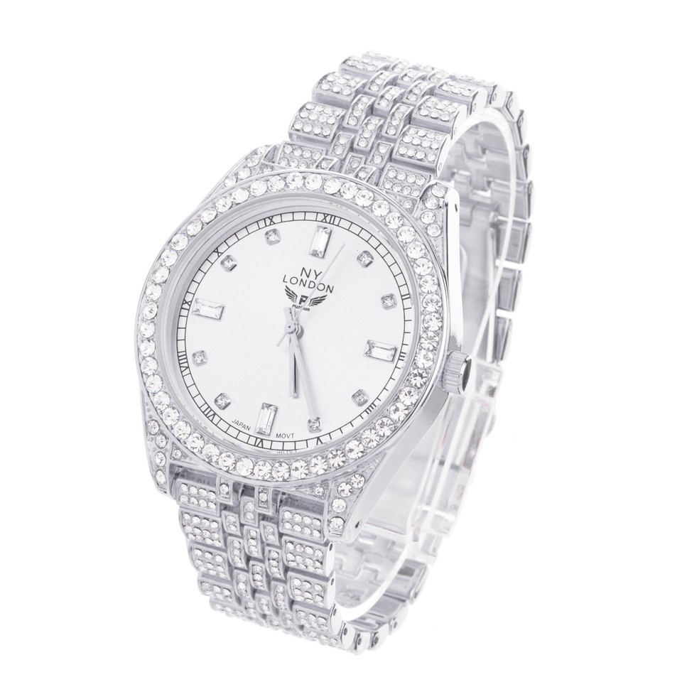 Mens Silver Plated NY London Platinum Iced Out CZ Metal Band Watch ...