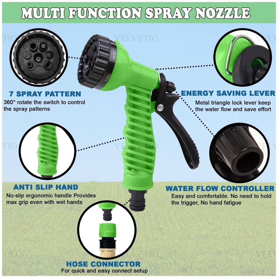 Heavy Duty Flexible Expandable Garden Water Hose Pipe 7 Function Spray ...