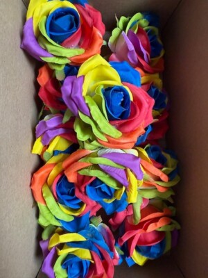 25 Blue Rainbow Rose Heads Artificial Silk Flower Bush Bouquet DIY ...