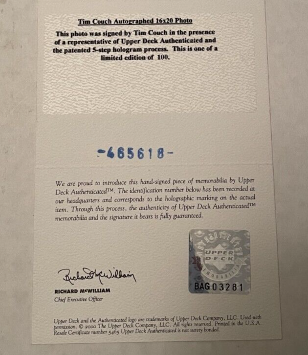 Tim Couch Signed 16x20 Photo Cleveland Browns /100 UDA Upper Deck ...