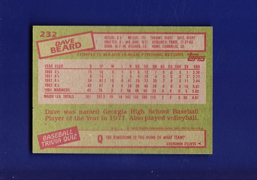 Dave Beard 1985 TOPPS MLB Baseball #232 (MINT) Seattle Mariners | eBay