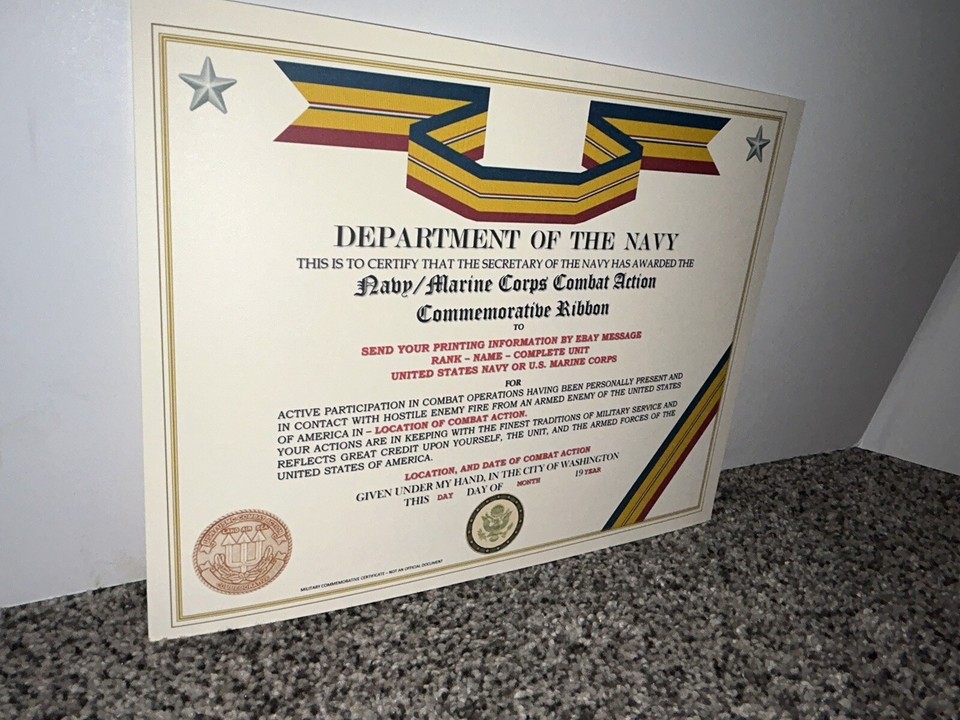 NAVY/USMC COMBAT ACTION RIBBON COMMEMORATIVE CERTIFICATE ~ TYPE-2 / W ...