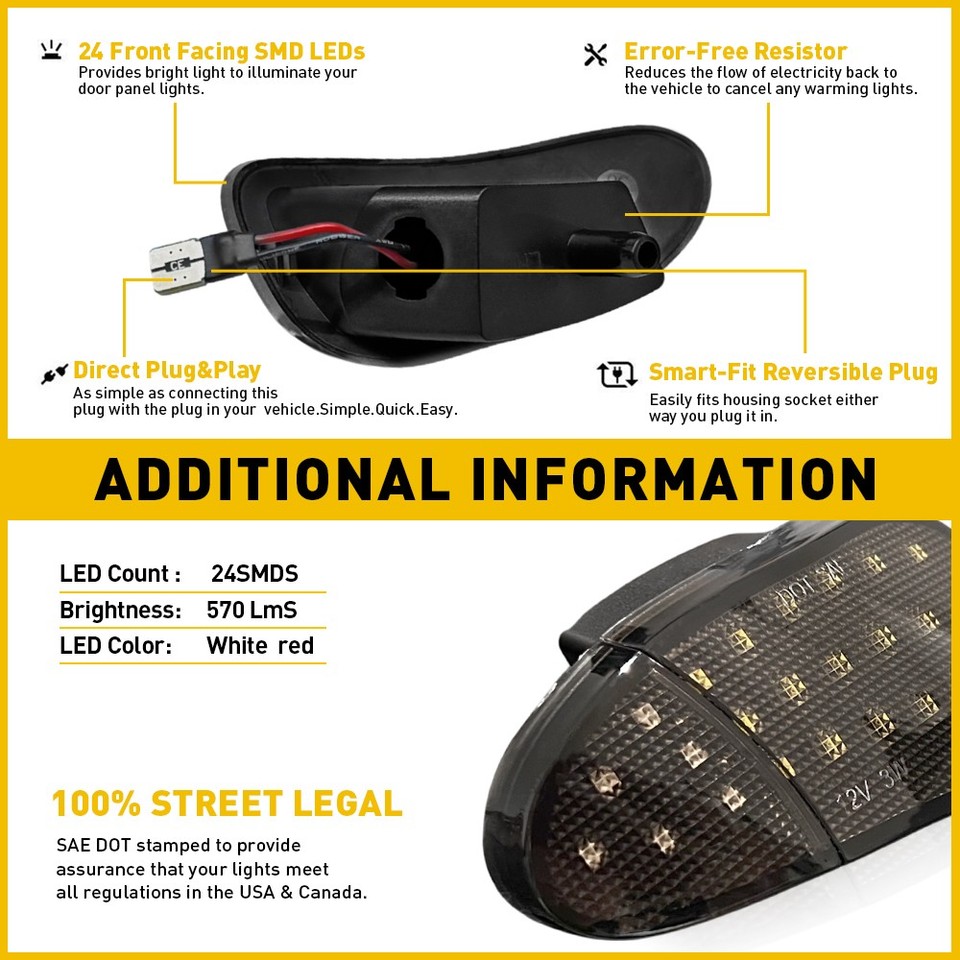 Smoke/Clear LED Car Door Panel Courtesy Light White+Red For 97-99 Ford ...