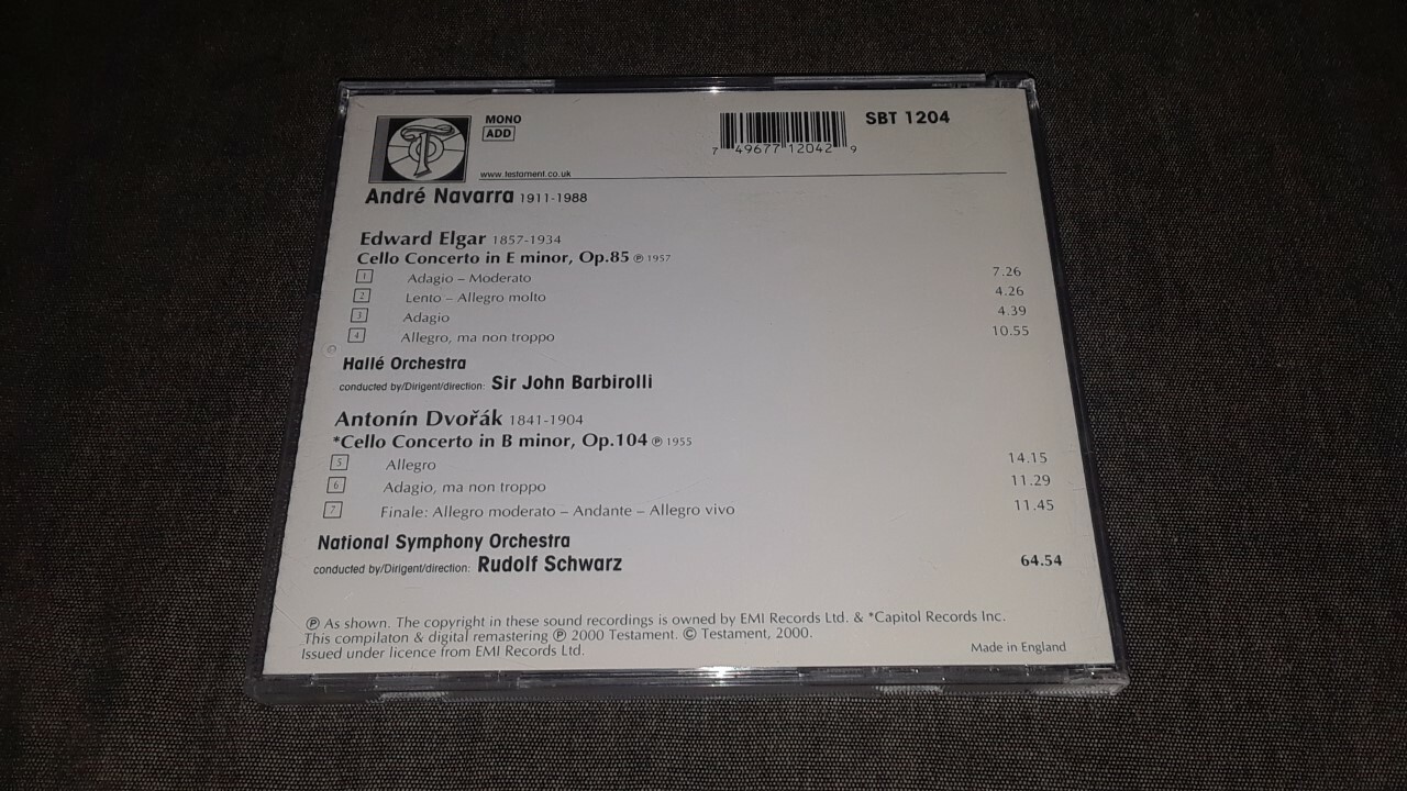Testament SBT 1204 ed1 Andre Navarra: Elgar, Dvorak: Cello cts ...