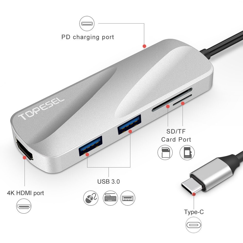 High Speed 6 In 1 Adapter HDMI USB 3.0 PD Charger 65W Data Transit up ...