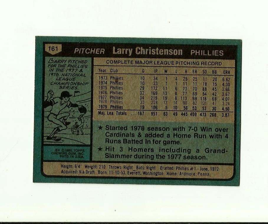 1980 TOPPS #161 Larry Christenson: Philadelphia Phillies: Pitcher ...
