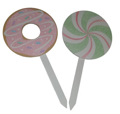Set Of 2 Candyland Pastel Pink Mint Green Donut Candy 15" Wood Garden ...