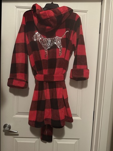 VICTORIA'S SECRET PINK, RED & BLACK PLAID Silver Sequin Dog SOFT ROBE ...
