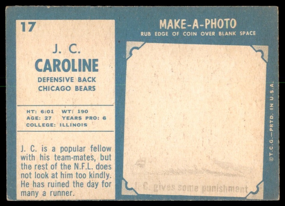 1961 Topps J.C. Caroline (C) Chicago Bears #17 | eBay