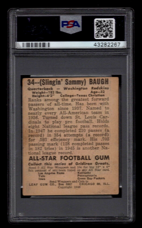 SAMMY BAUGH PSA 4 VG-EX 1948 LEAF FOOTBALL ROOKIE CARD #34 RED JERSEY ...