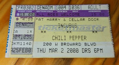 Incubus & The Red Hot Chili Peppers Concert Ticket Stub 3/2/00, 200 ...
